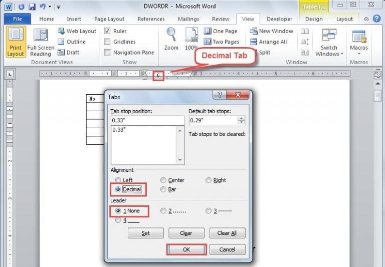 How to Line Up Numbers with Decimal Points in Your Word Tables