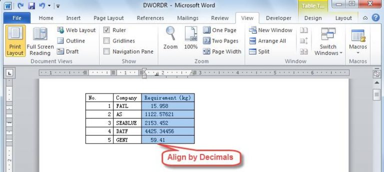 How to Line Up Numbers with Decimal Points in Your Word Tables