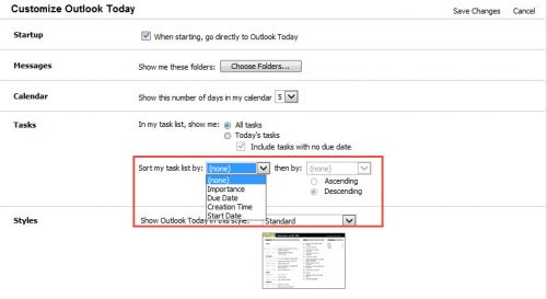 How to Sort the Tasks in Outlook Today Window by Subject